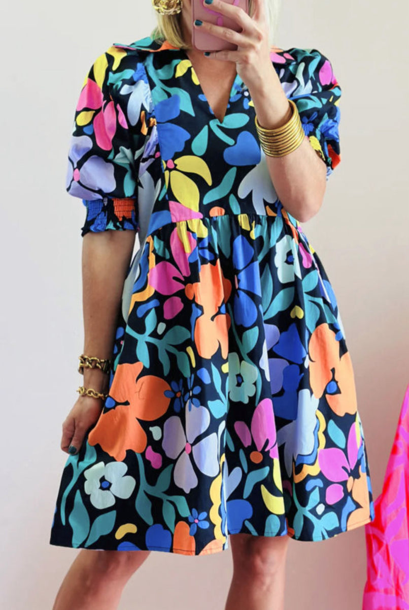 Bright Floral Flared Dress – SummerSky Boutique